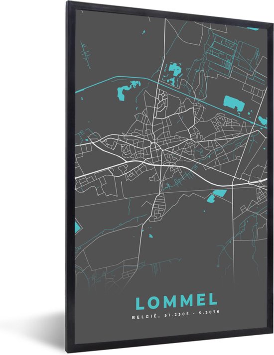 Fotolijst incl. Poster - België – Lommel – Stadskaart – Kaart – Blauw ...