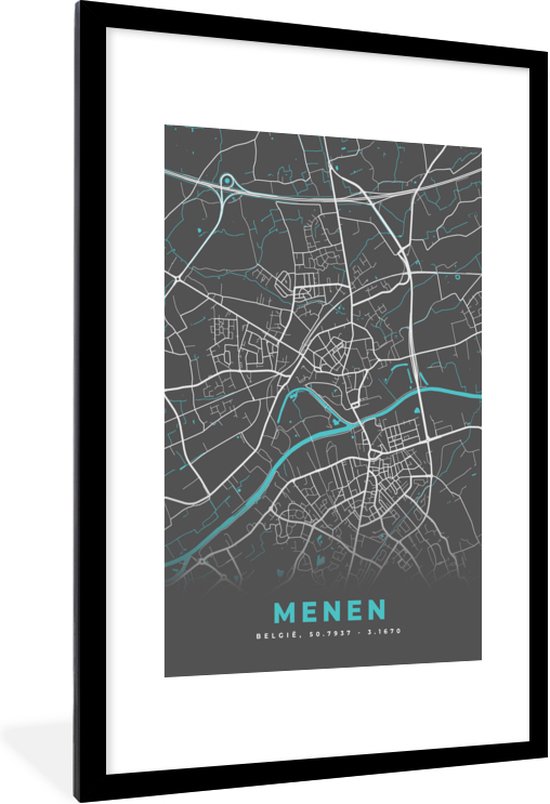 Fotolijst incl. Poster - België – Menen – Stadskaart – Kaart – Blauw ...