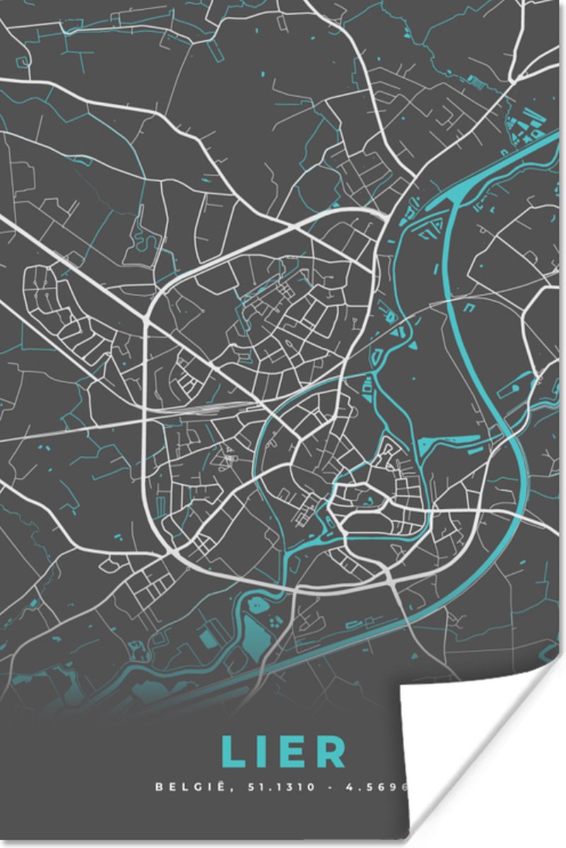 Poster Plattegrond – Lier – Blauw – Stadskaart - Kaart - België - 20x30 ...