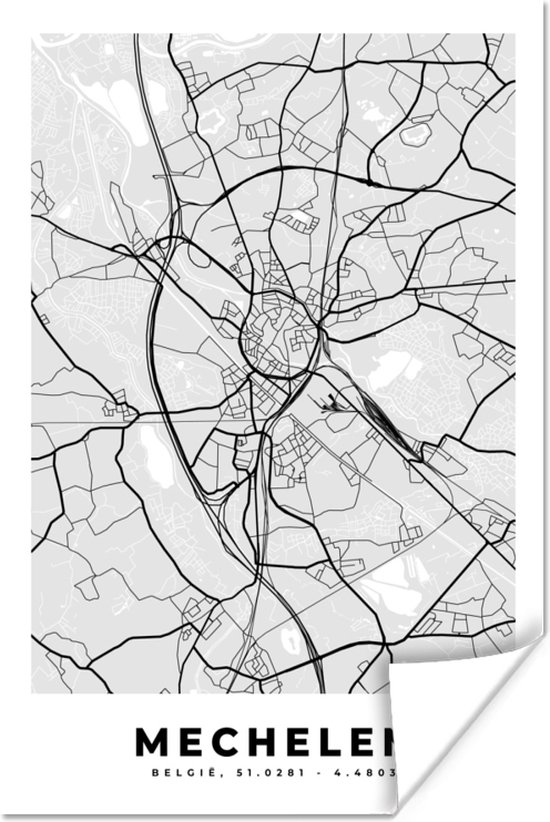 Poster Zwart Wit – België – Plattegrond – Stadskaart – Kaart – Mechelen ...