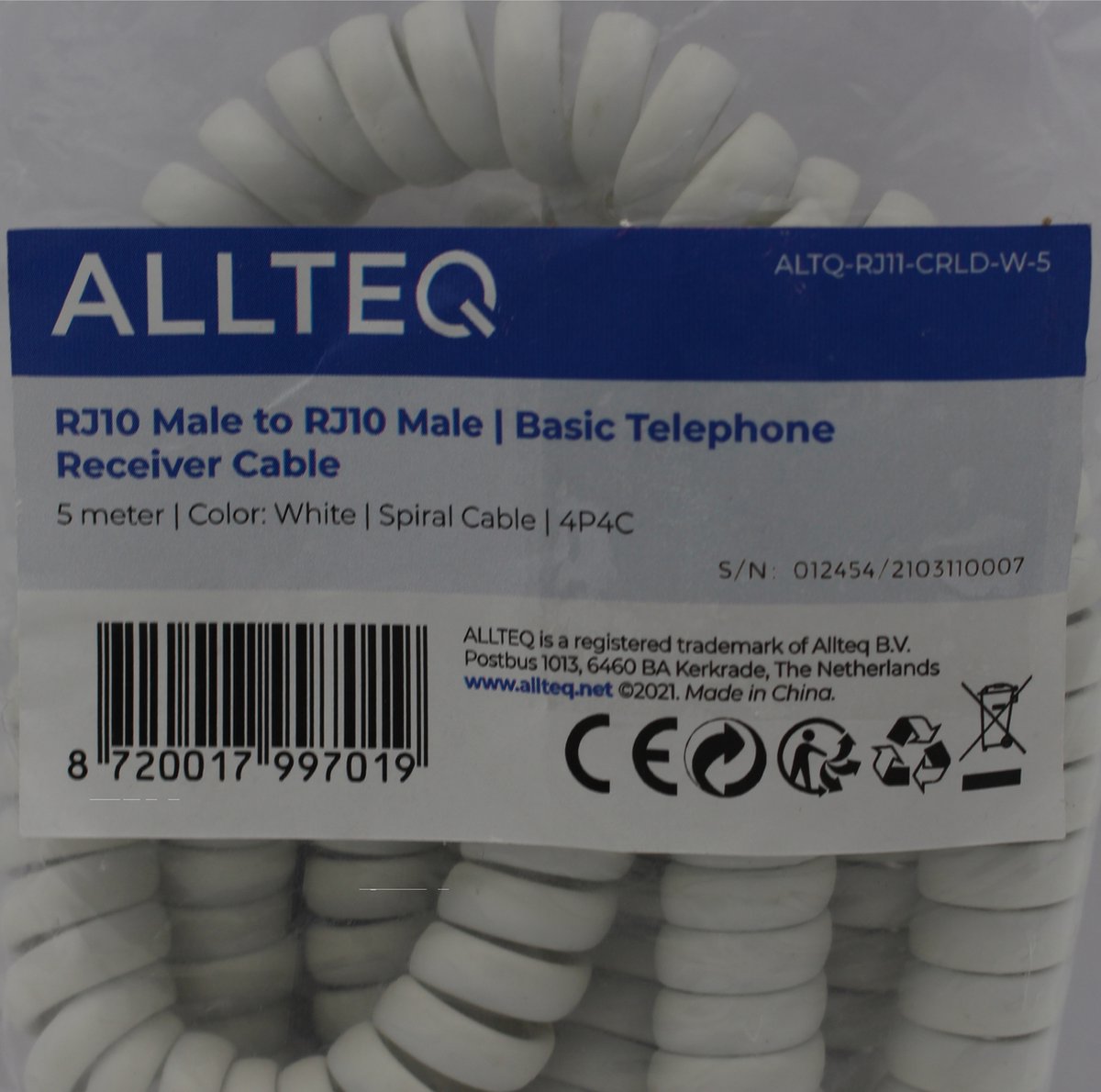RJ10 kabel - Telefoonhoorn krulsnoer - 5 meter - Wit - 4-aderig - Plat ...