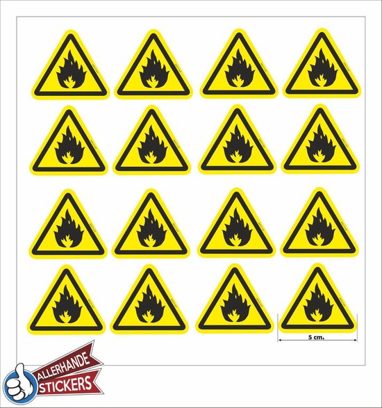 Ontvlambare stoffen, Brand gevaar sticker geel zwart 5 cm. 16 stickers ...