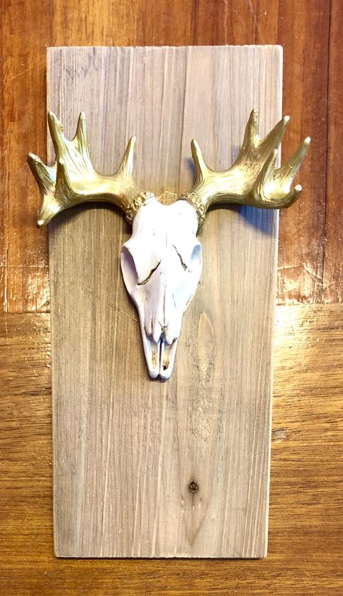 H&S Hangdecoratie Houten bord met Bok Schedel en gouden hoorn - 12 x 5 ...
