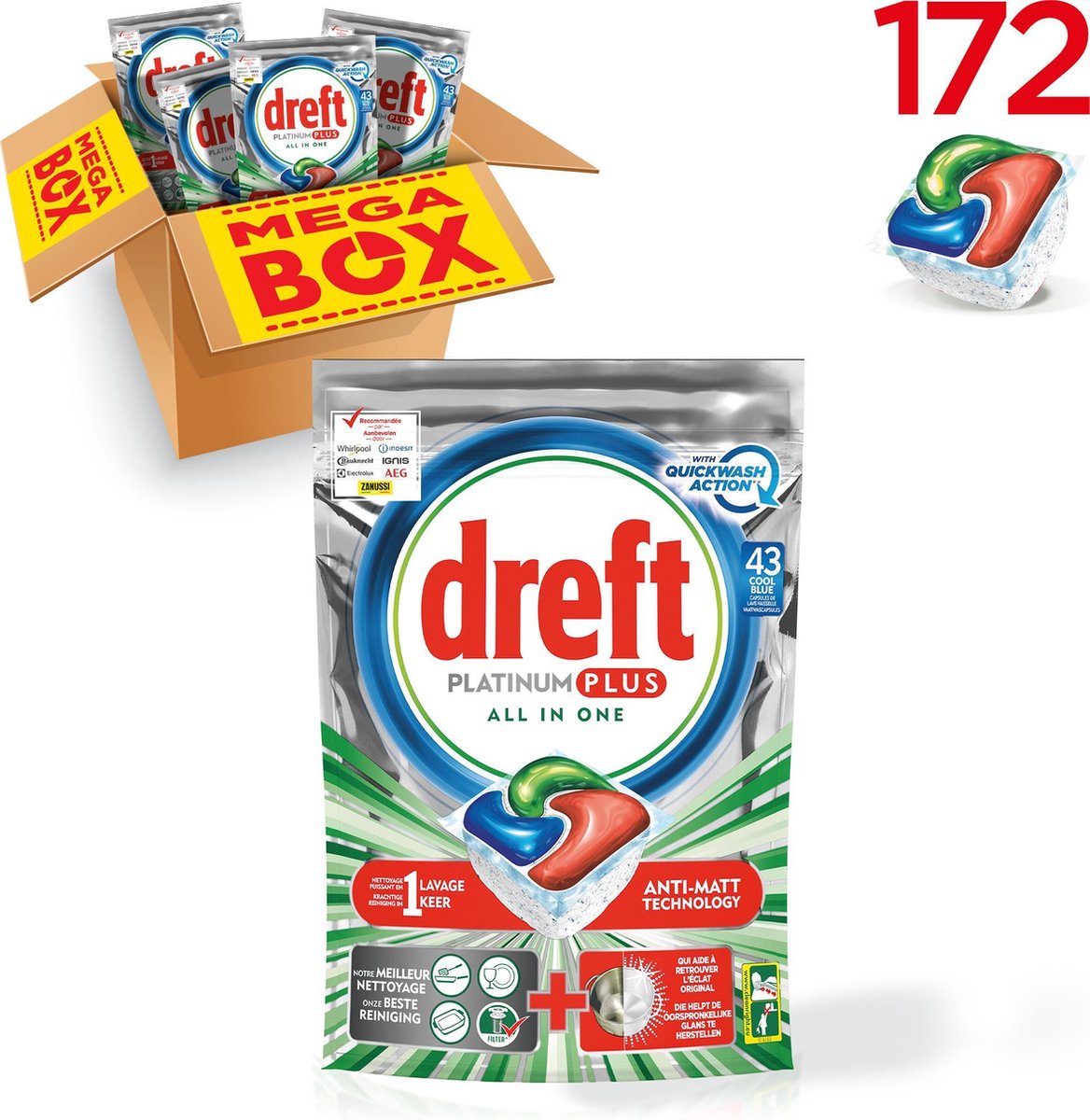 Dreft Platinum Plus Cool Blue - Kwartaalbox 4x43 Stuks ...
