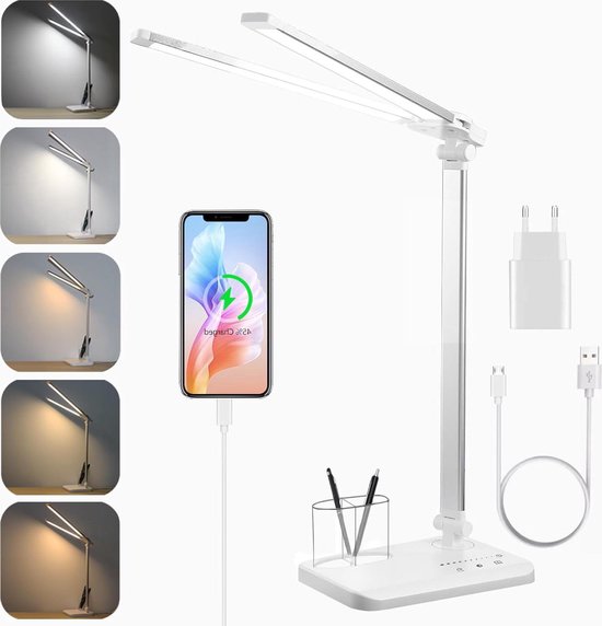 Dual Swing Arm LED Bureaulamp - dimbaar - met timer - 1 stuk - zilver ...