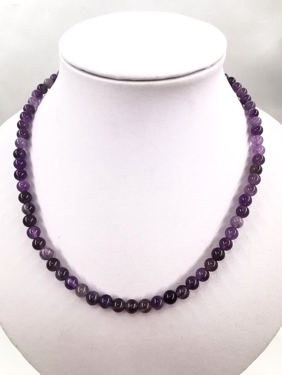 Ketting - Edelsteen - Amethist - 6 mm kralen - L 45cm - RVS sluiting ...