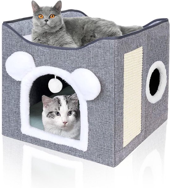 TheLau ® Stijlvol Opvouwbaar Kattenhuis met Krabplank en Speelbal voor ...