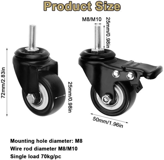 4Pcs 50mm Transport Wheels M8×25mm Noiseless Casters Heavy Duty Swivel ...