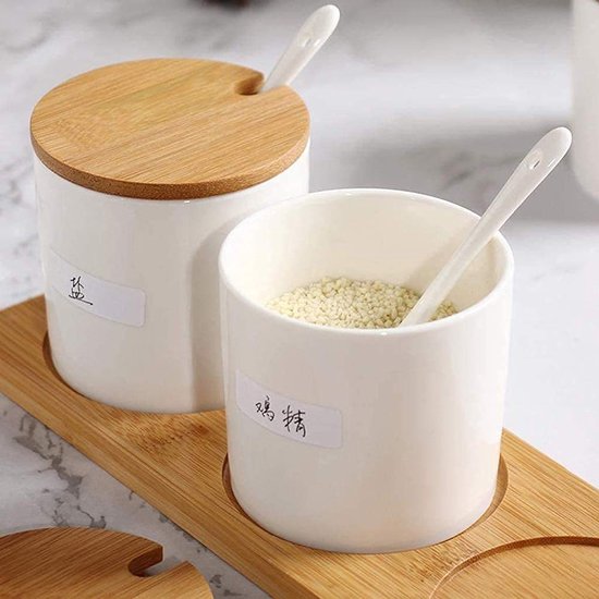 Ceramic Condiment Containers Jars With Spoon Bamboo Containers With ...