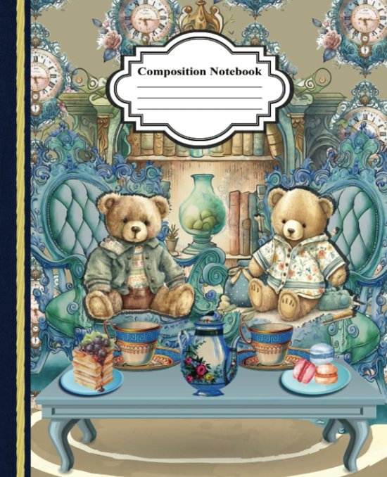 Composition Notebook Vintage Bears Having Tea: Beautiful Blue Aesthetic ...