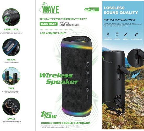 Wave Bluetooth Speaker 16W met LED - Zwart (Model WA-225) | bol