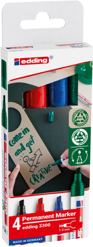 edding 3300 permanent marker set met 4 kleuren - zwart, rood, blauw ...