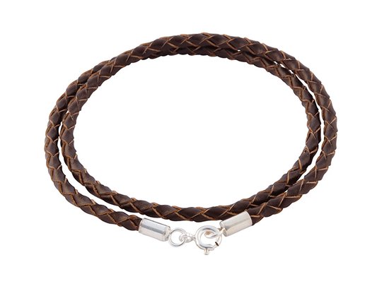 AuBor ®. Gevlochten leren ketting met zilveren sluiting. Bruin. 4mm × ...