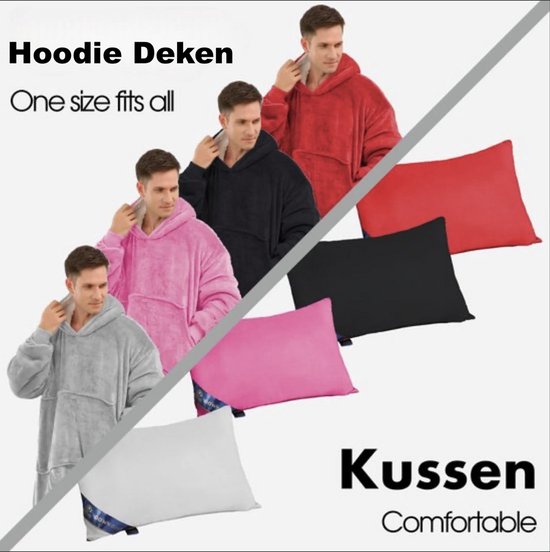 Sheradi Hoodie Deken + HoofdKussen {ZWART} - Hilton Kussen - Geschikt ...