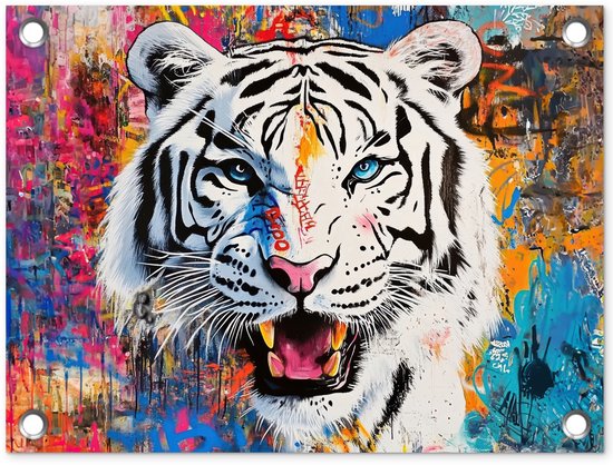 Tuinposter 40x30 cm - Tuindecoratie Street art - Tijger - Wit - Graffiti - Dieren -... | bol