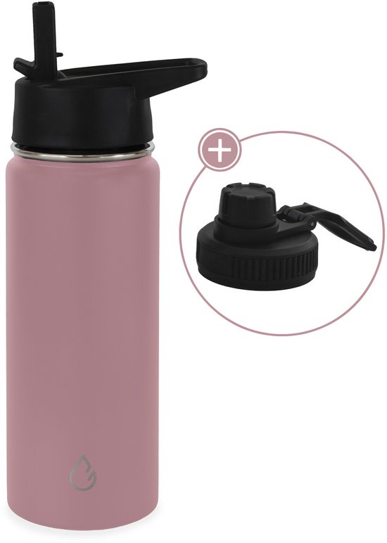 Wattamula - PRO waterfles RVS roze 530 ml - dop met rietje en sportdop ...