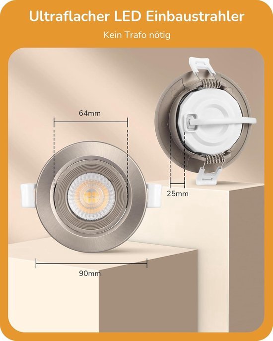 Inbouw LED Spot 3000K Warm Wit 400 Lumen Dimbaar- Platte Inbouwspot Set ...