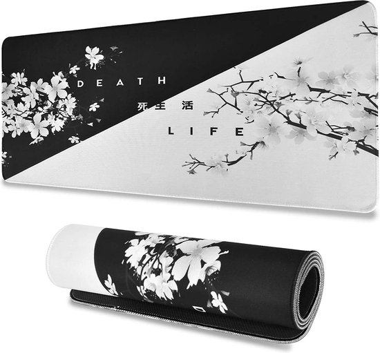 Grote gaming-muismat, zwart en wit, Cherry Blossom, genaaide randen ...