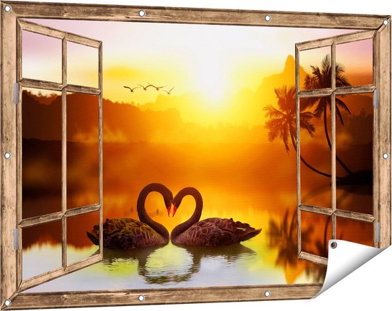 Gards Tuinposter Doorkijk Twee Zwarte Zwanen in een Hart Vorm - 120x80 ...