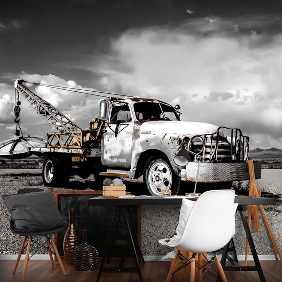 Fotobehang - Vlies Behang - Oude Sleepwagen - Auto - Zwart-wit - 254 x ...