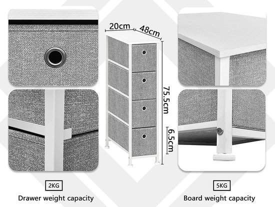 Kast, smalle commode met 4 laden van stof, kasten, organizer, metaal ...