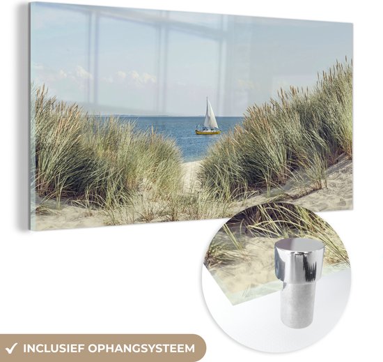 MuchoWow® Glasschilderij 80x40 cm - Schilderij acrylglas - Noordzee - Duinen - Boot -... | bol
