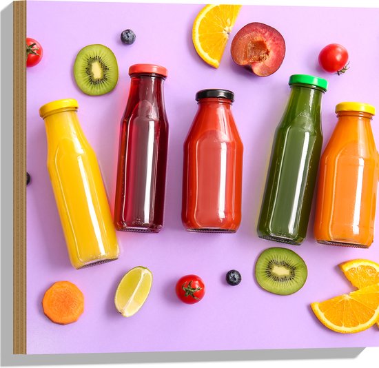 Hout - Gezonden Sappen in Glazen Flessen omringd door Fruit - 50x50 cm ...