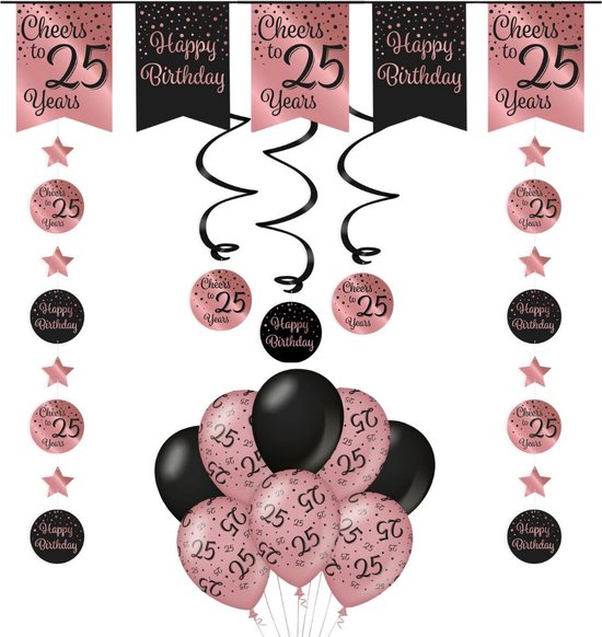 Verjaardag Versiering Pakket 25 Jaar - Zwart - Roze - 14 Stuks ...
