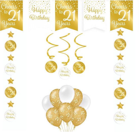 Feestpakket Verjaardag Versiering 21 Jaar - Goud - Wit - Versiering ...