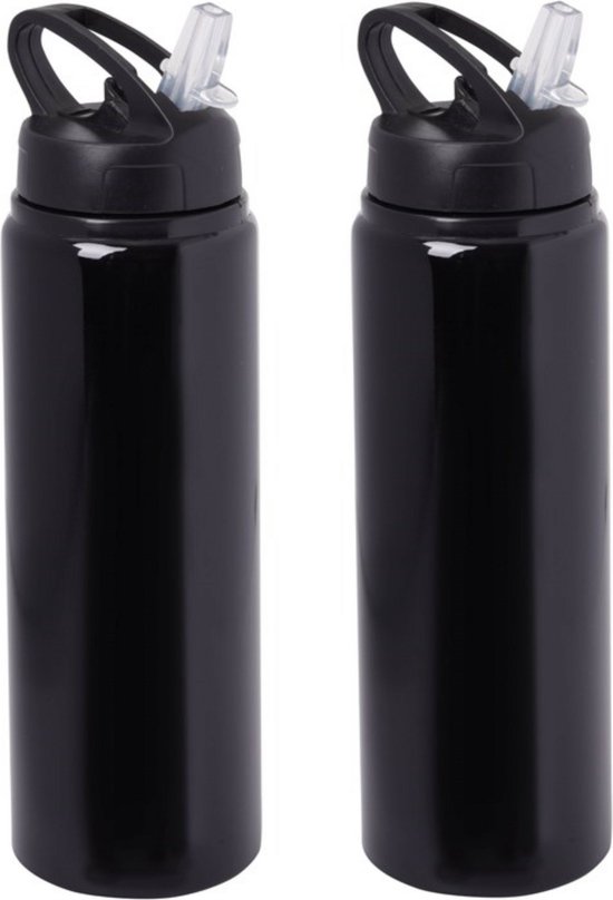 Waterfles/sportfles/drinkfles Sporty - 2x - zwart - aluminium/kunststof ...