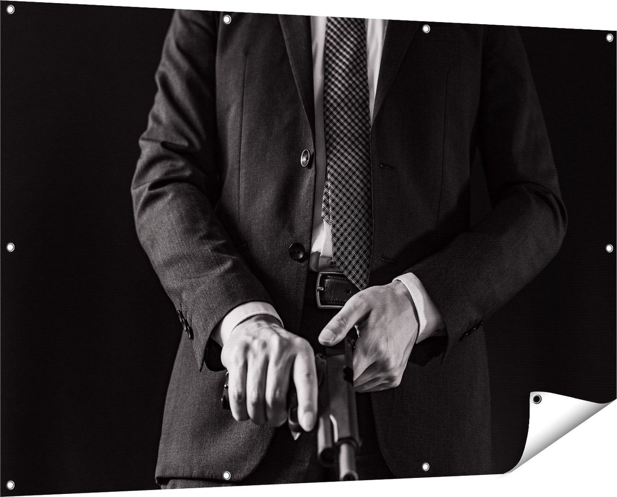Gards Tuinposter Man in Pak met een Pistool - Zwart Wit - 150x100 cm ...