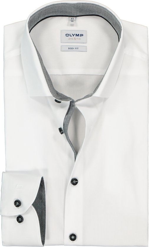 OLYMP Level 5 body fit overhemd - popeline - wit hemd zwarte knopen ...
