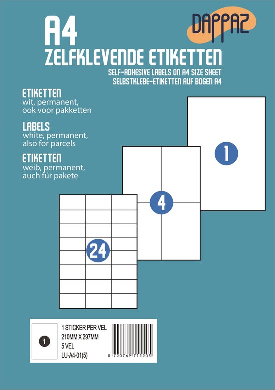 5 stuks Stickervellen A4 Printetiketten Wit - 1 Sticker per Vel - 210 x ...