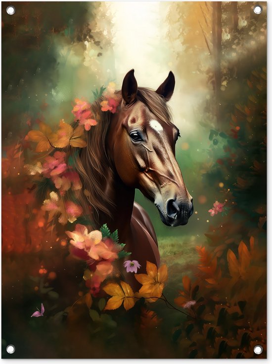 Tuinschilderij Paard - Bloemen - Natuur - Dieren - Bos - Oranje - 60x80 ...