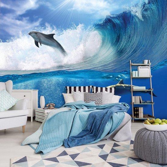 Fotobehang - Vlies Behang - Dolfijnen in Zee bij de Golven - 254 x 184 ...
