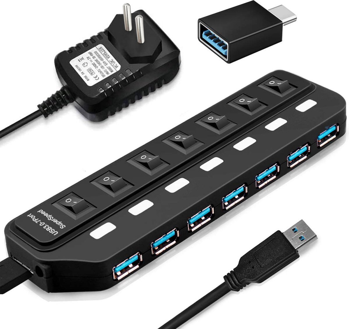 USB Hub Aangedreven, USB 3.0 Hub 7-poorten Hoge snelheid Data Hub USB Splitter met... | bol.com