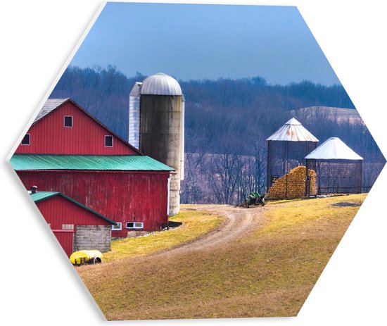 PVC Schuimplaat Hexagon - Rode Boerderij tussen de Bergen - 30x26.1 cm ...