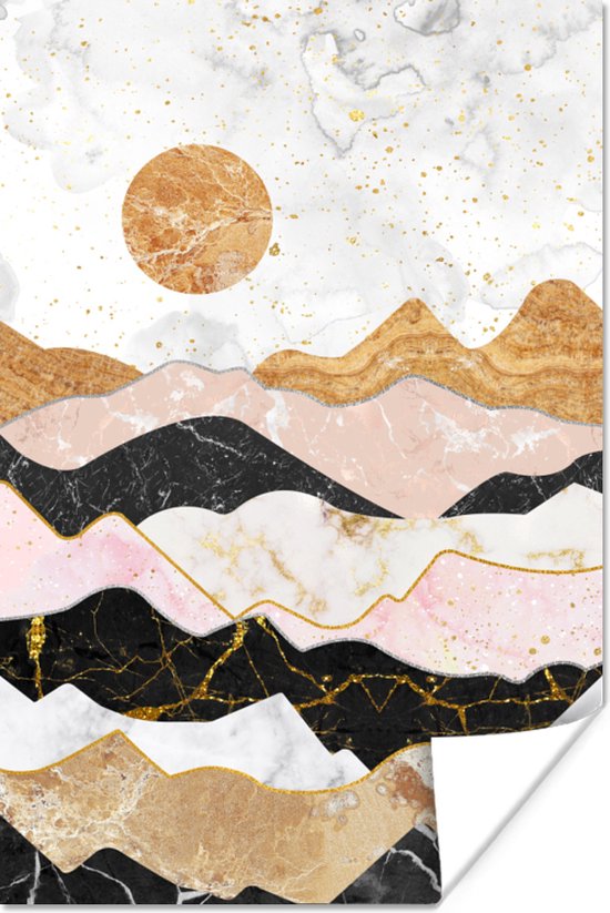 Poster Natuur - Marmer look - Berg - Goud - Zwart wit - Roze - Kamer ...