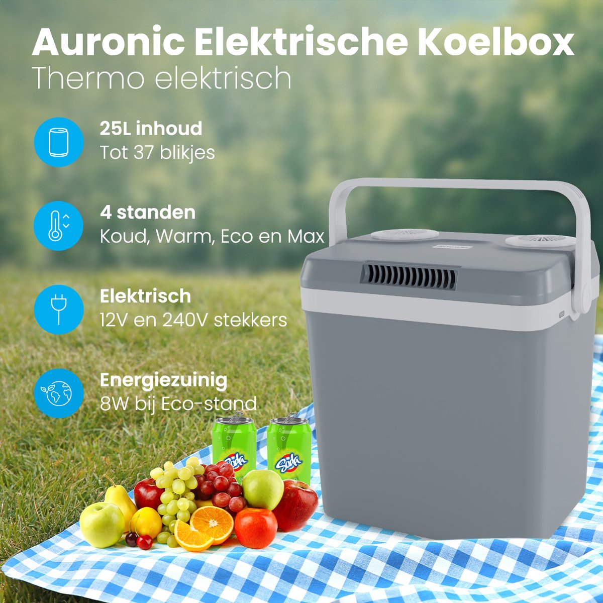 Auronic Elektrische Koelbox - Coolbox - 25L - 12V en 240V - Grijs | bol.com