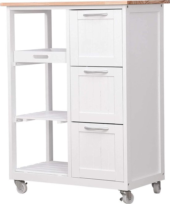Keuken trolley op wieltjes - 3 lades en 3 plankjes - Wit | bol.com