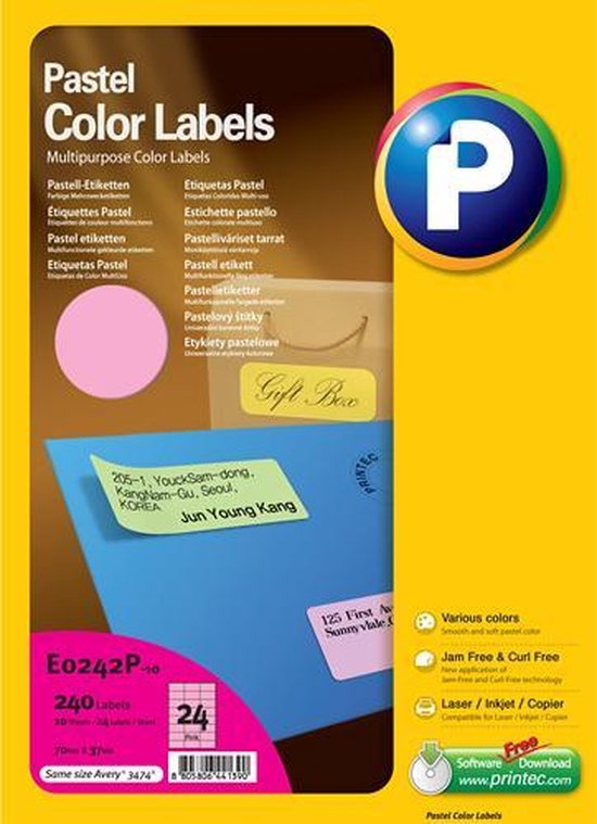Printec Pastel Roze etiketten - 10 vel - 70x37mm - 24 labels per A4 ...