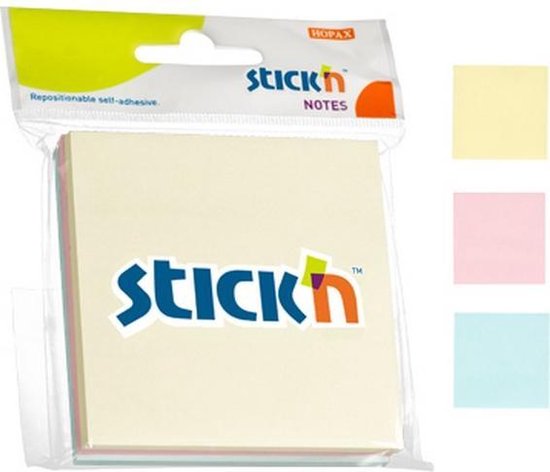 Stick'n sticky notes blister - 76x76mm, 3x pastel geel/roze/blauw, 50 ...