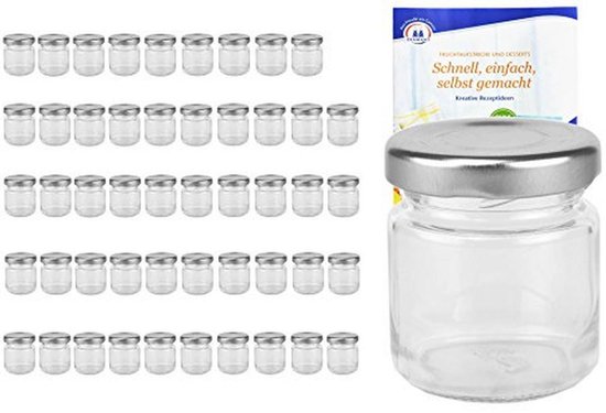 Set van 50 ronde glazen potten 52 ml met zilveren deksel - inclusief ...