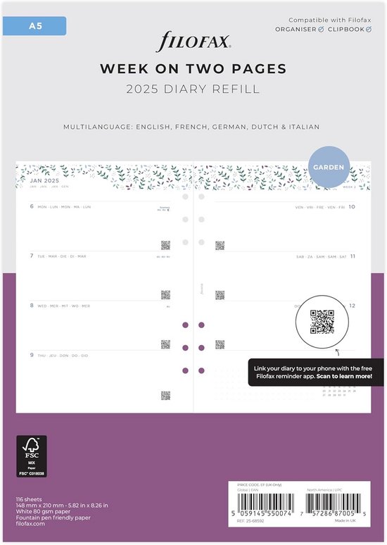 Recharge Agenda A5 Aperçu hebdomadaire 2025 avec codes QR Impression ...