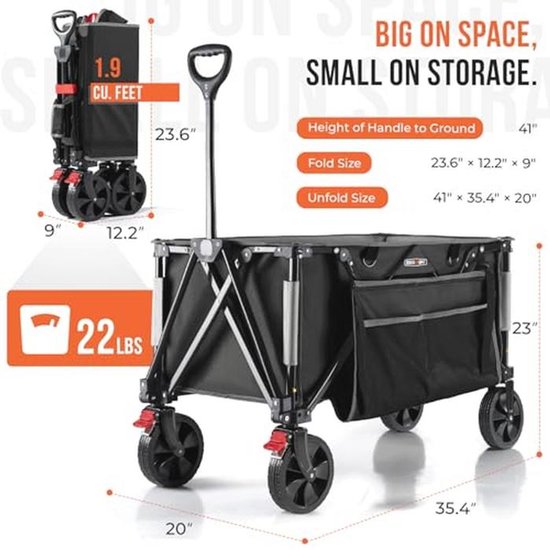 Opvouwbare bolderkar met remmen en alle terreinwielen - 150 liter ...