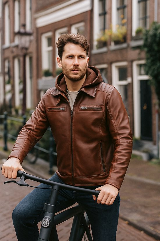 Urban 5884® JASON Heren Jack – 100% Lamsleer – Brandy – Stoer Biker Model – Maat L | bol