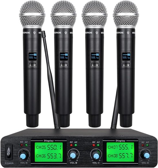 4 Kanaals UHF Draadloos Microfoon Systeem met 4 Handheld Microfoons ...