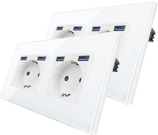 Glazen Schuko-contactdoos met USB-poorten en dubbel inbouwstopcontact ...
