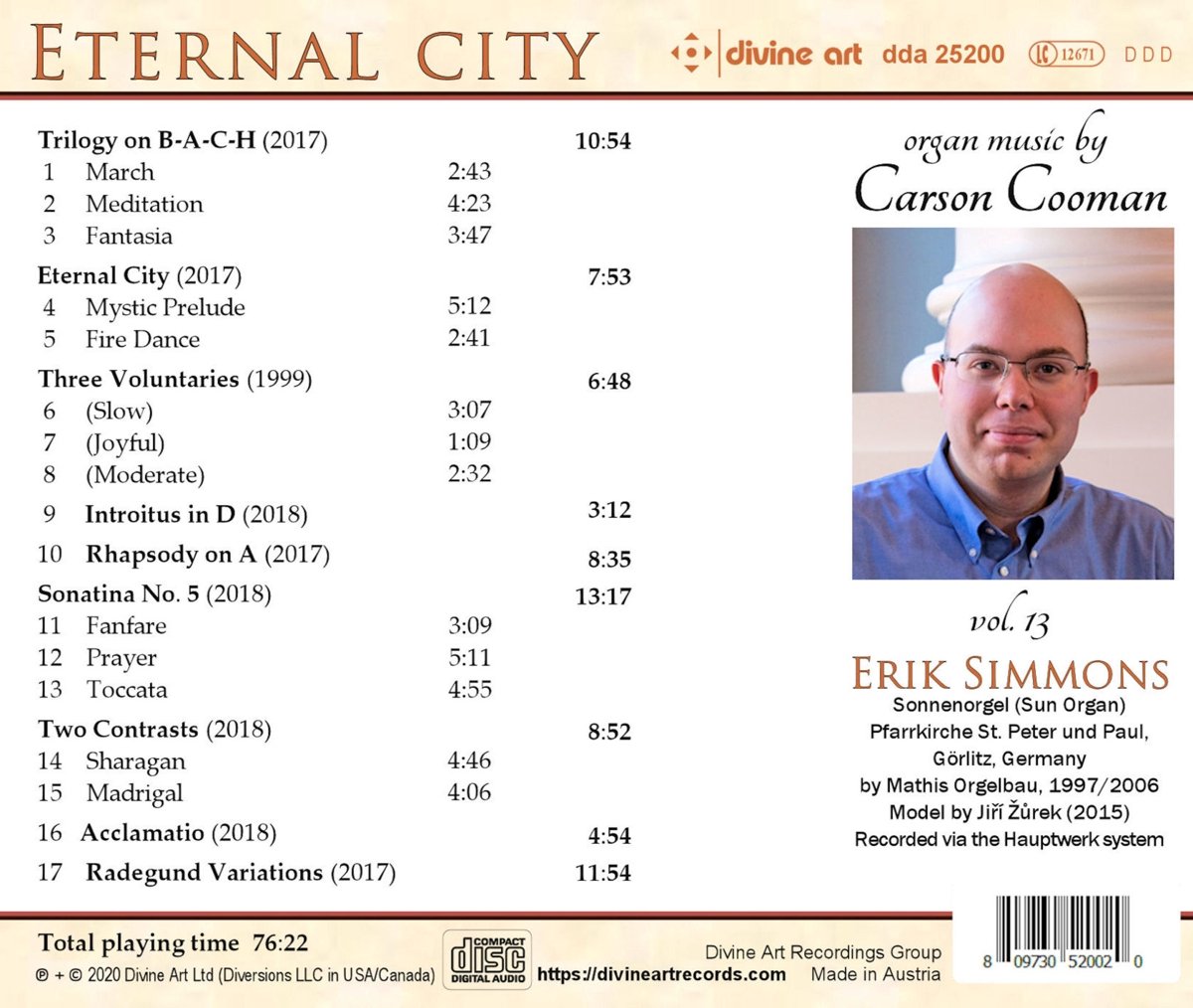Erik Simmons - Eternal City - Carson Cooman Organ Music Vol. 13 (CD ...