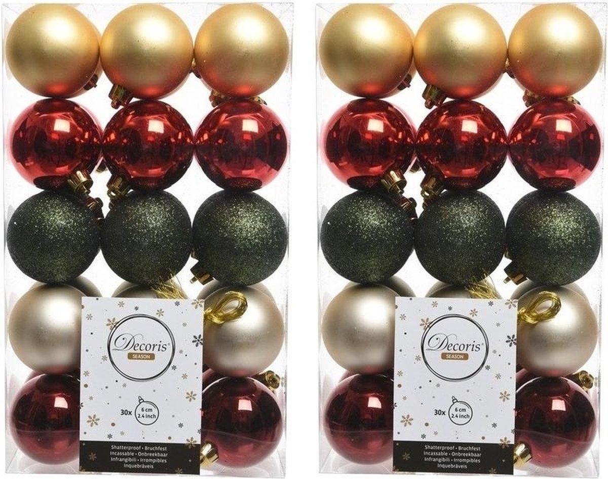 60x Rood/groen/gouden kerstversiering kerstballenset kunststof - 6 cm ...